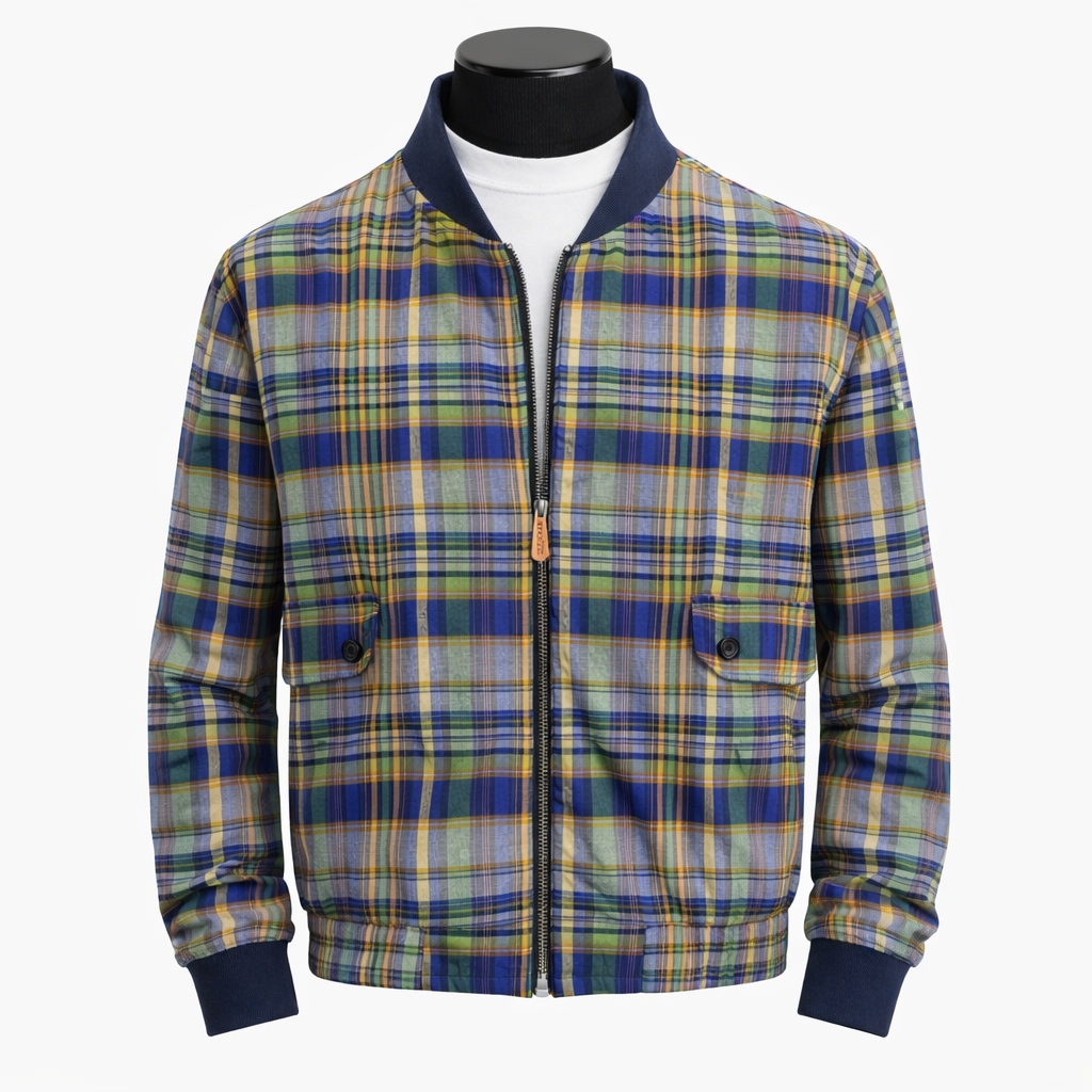 Inserch Men’s Plaid Linen Bomber Jacket – Navy Green Yellow