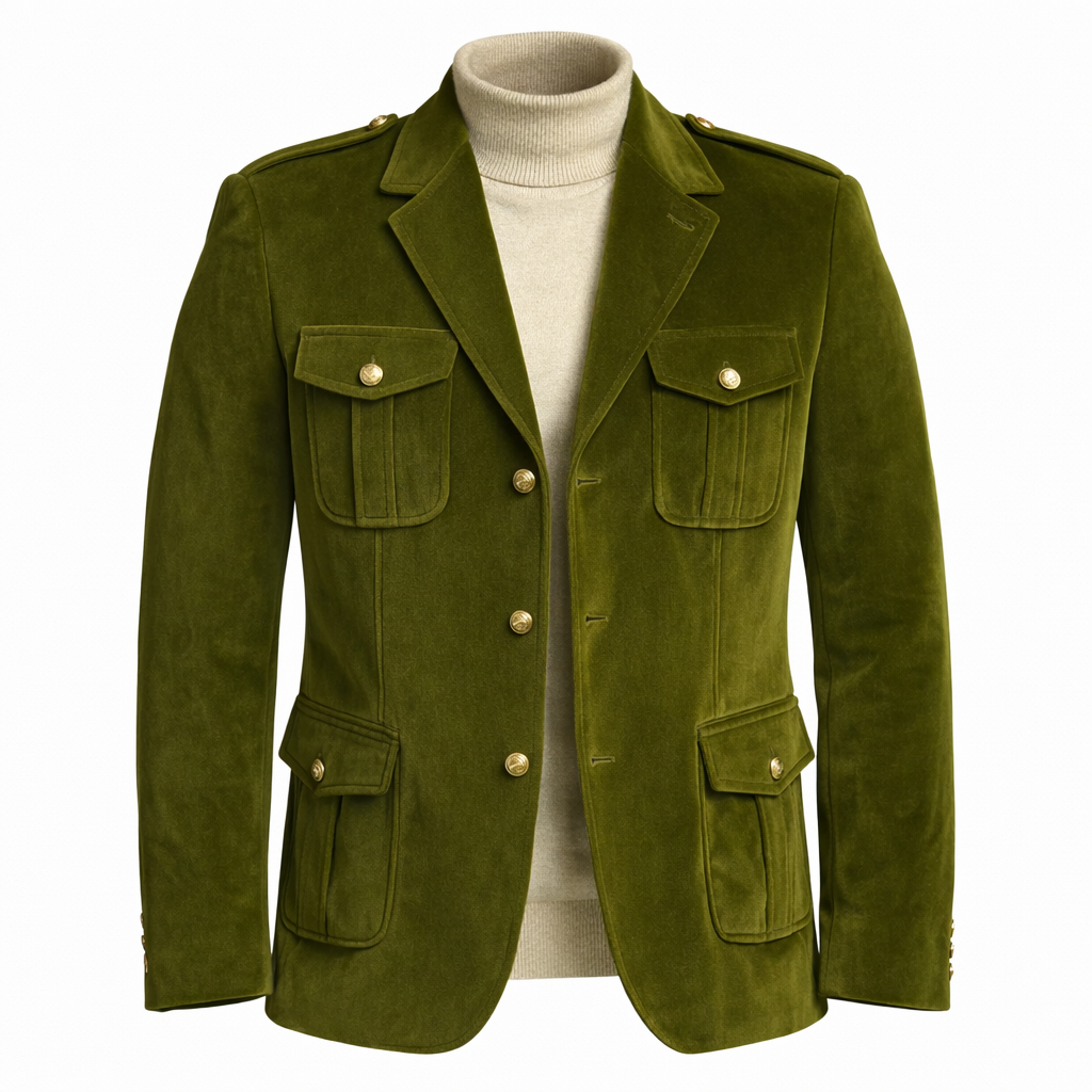 Inserch Men’s Velveteen Suede Military Blazer BL-569 Green